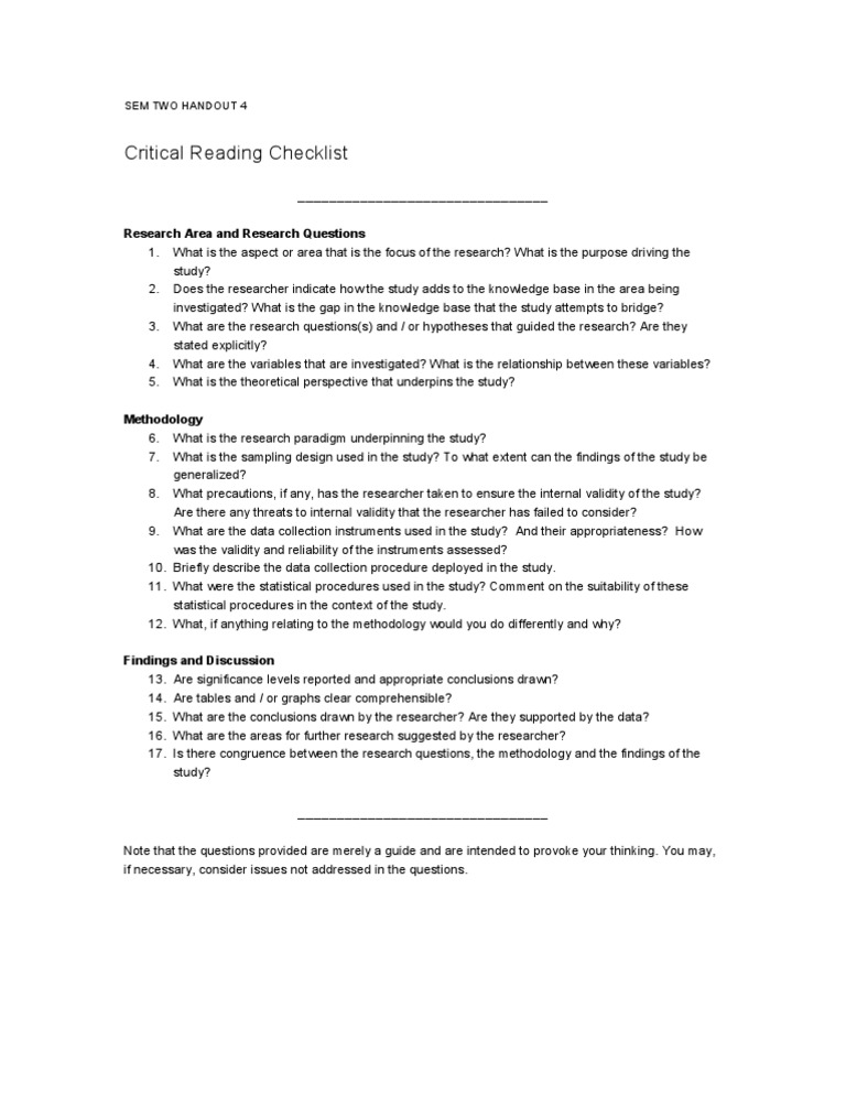 Critical Reading Checklist: Research Area and Research Questions | PDF