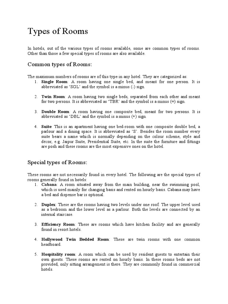 Types of Rooms | PDF | Room | Hotel