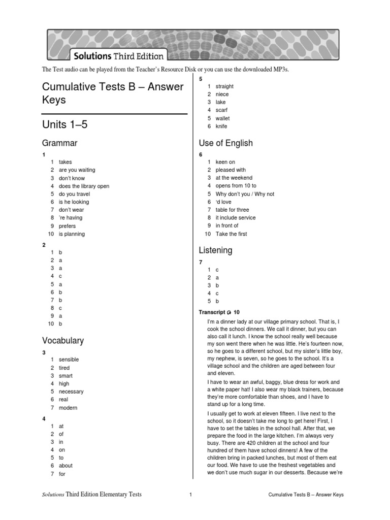 Cumulative Tests B - Answer Keys Units 1-5: Grammar Use of English ...