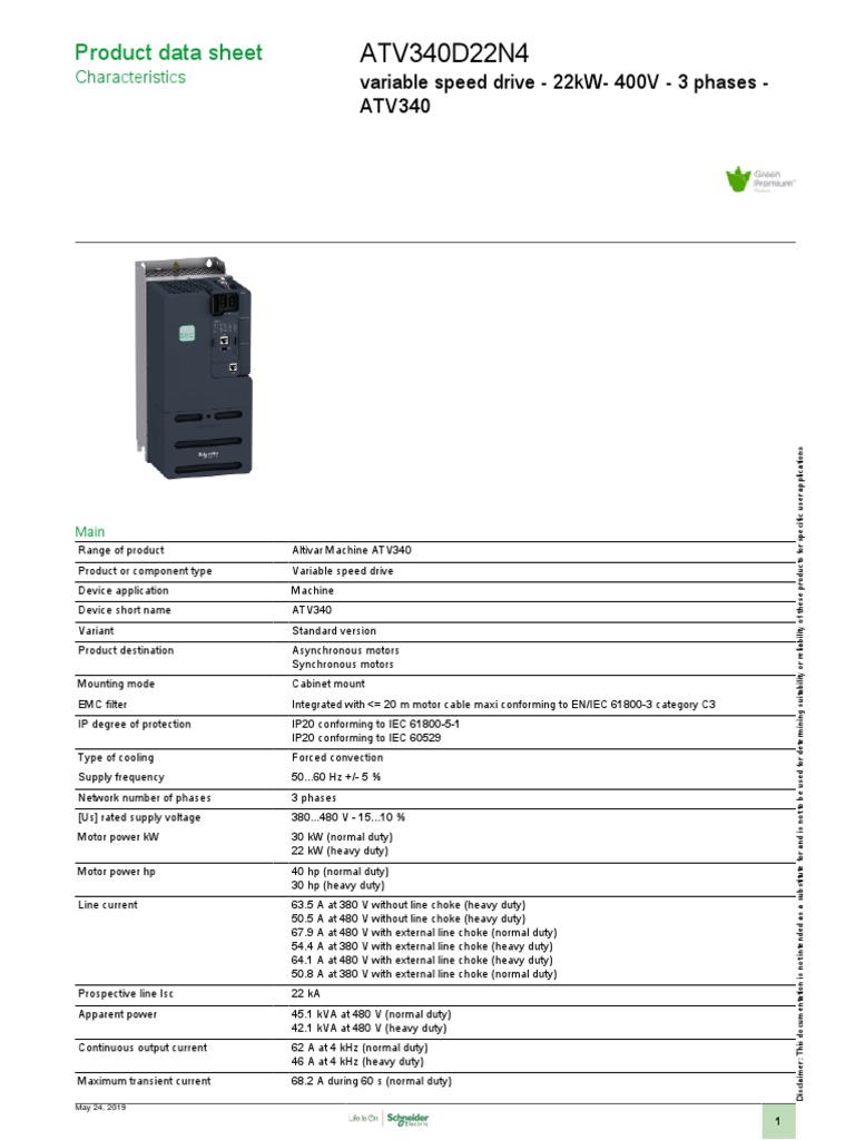ATV340D22N4: Product Data Sheet | PDF | Electric Motor | Relay