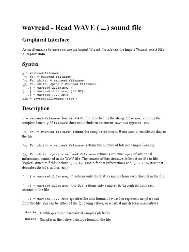 Wavread - Read WAVE Sound File: Graphical Interface | PDF | Integer ...