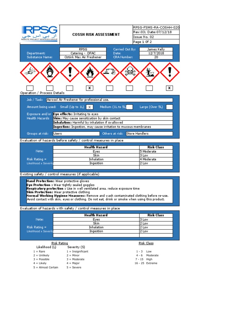 COSHH Risk Assessment for Oztiirk Air Freshener | PDF | Personal ...