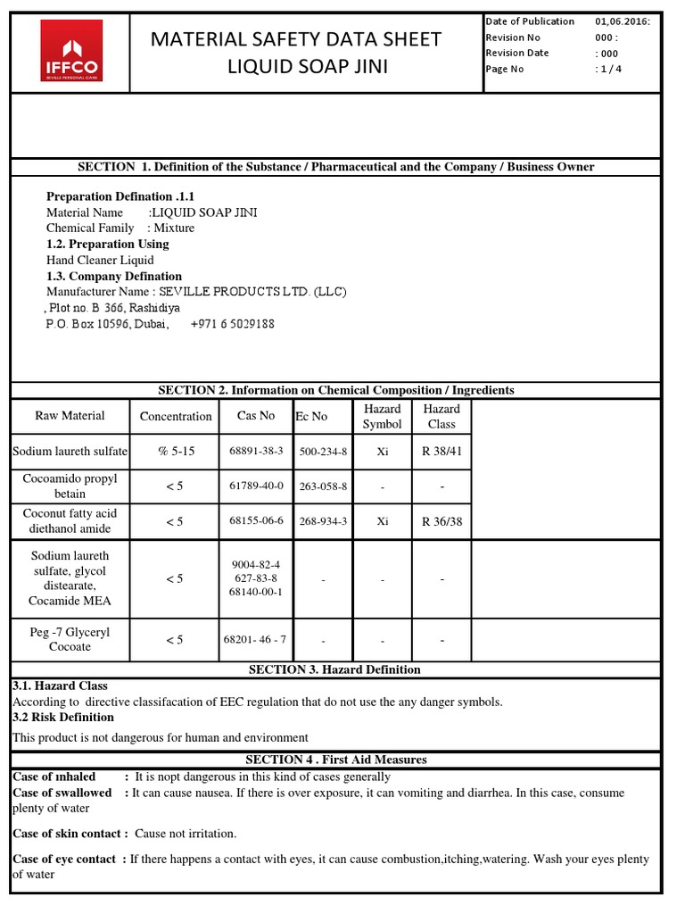 Material Safety Data Sheet Liquid Soap Jini | PDF | Toxicity | Chemical Substances
