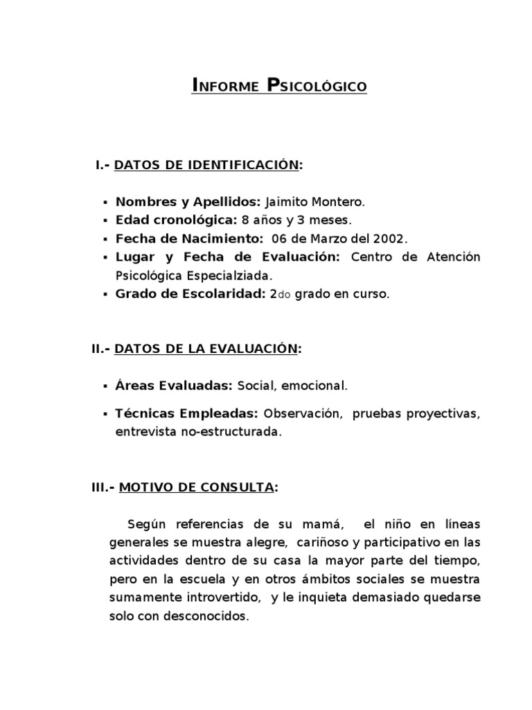 Modelo Informe Psicológico | PDF | Adultos | Las emociones