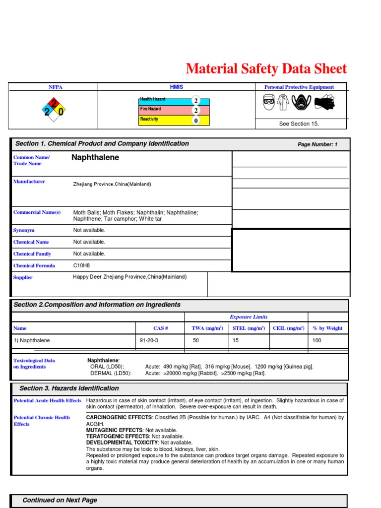 Naphthalene MSDS | PDF | Solubility | Toxicity