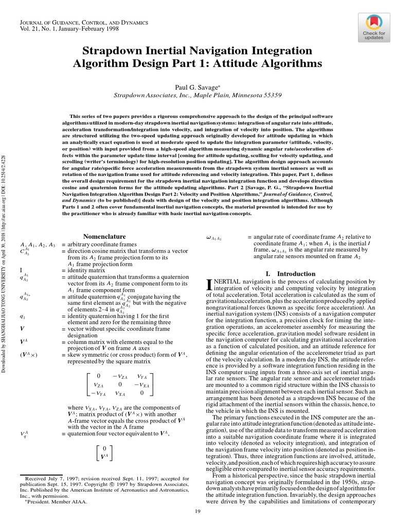 Strapdown Inertial Navigation Integration Algorithm Design Part 1 Attitude Algorithms Pdf