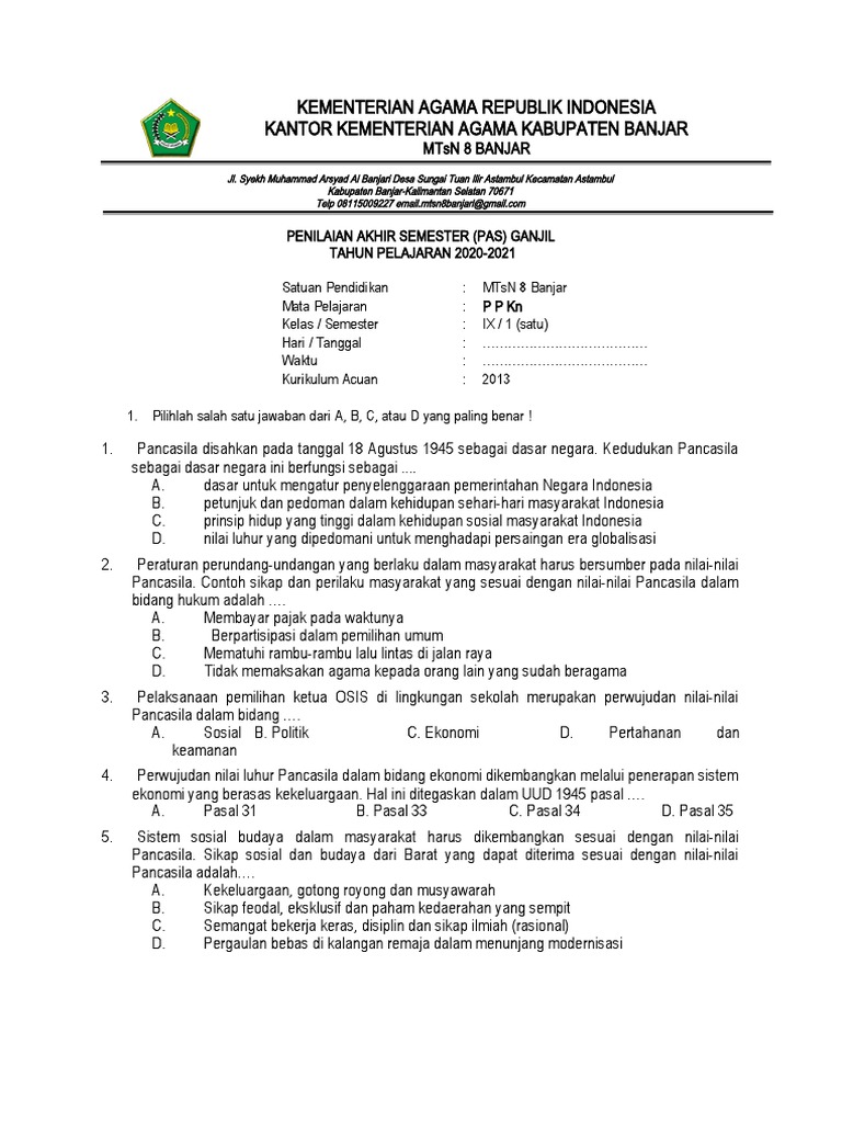 Soal PKN KLS 9 Pas Ganjil | PDF | Politik