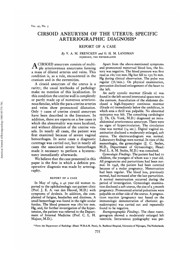 Cirsoid Aneurysm OF THE Uterus: Specific Arteriographic: Read As I8o/oo ...