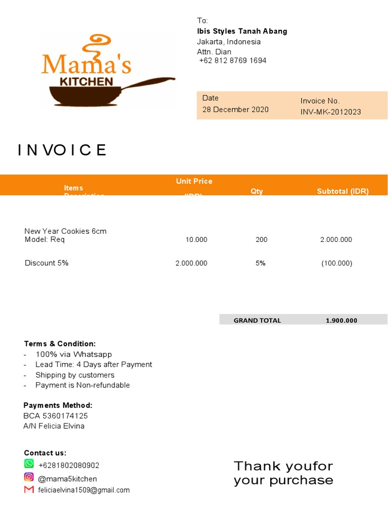 INVOICE - Mama's Kitchen - Hotel Ibis Styles Tanah Abang | PDF