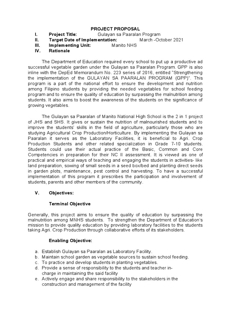 Project Proposal Gulayan Sa Paaralan SY 2020 2021 FINAL | PDF ...