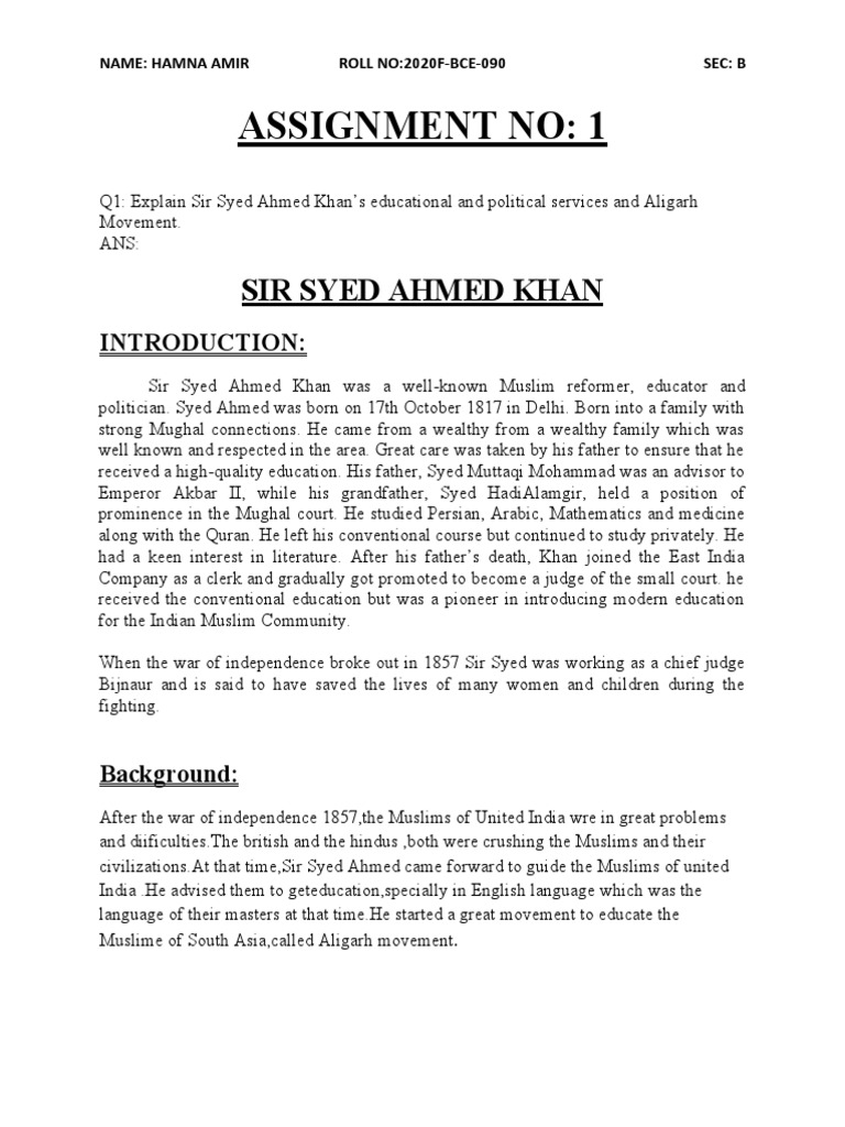 Assignment NO: 1: SIR Syed Ahmed Khan | PDF | Religious Education | Religion And Belief