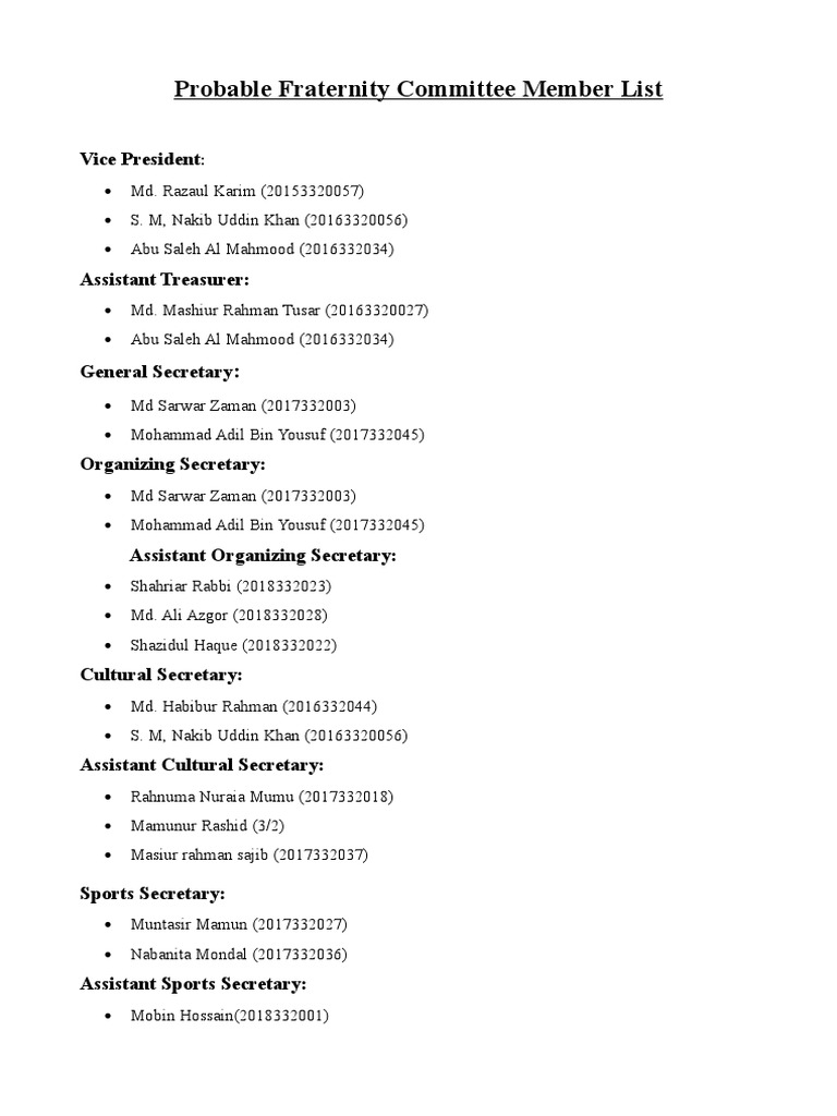 Probable Fraternity Committee Member List: Vice President | PDF