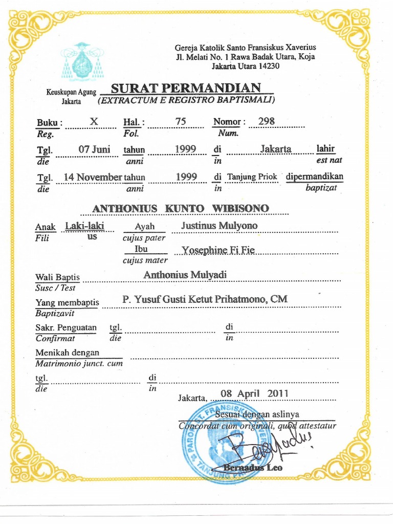 Surat Baptis Anthonius Kunto Wibisono | PDF