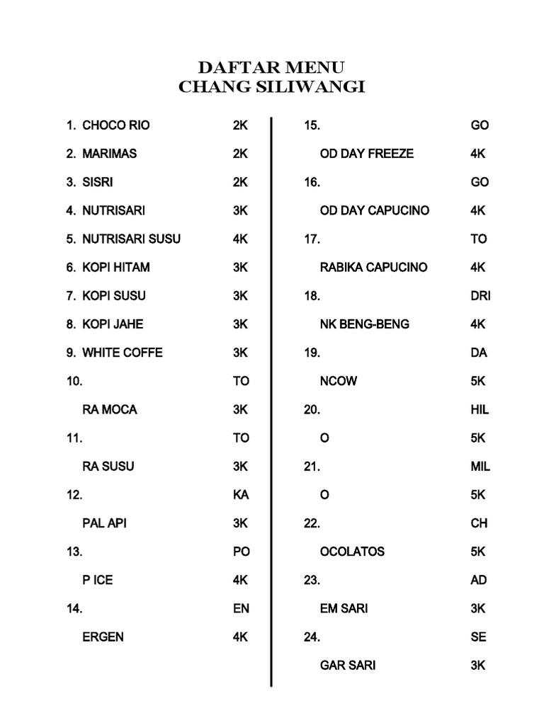 Daftar Menu Chang Siliwangi | PDF