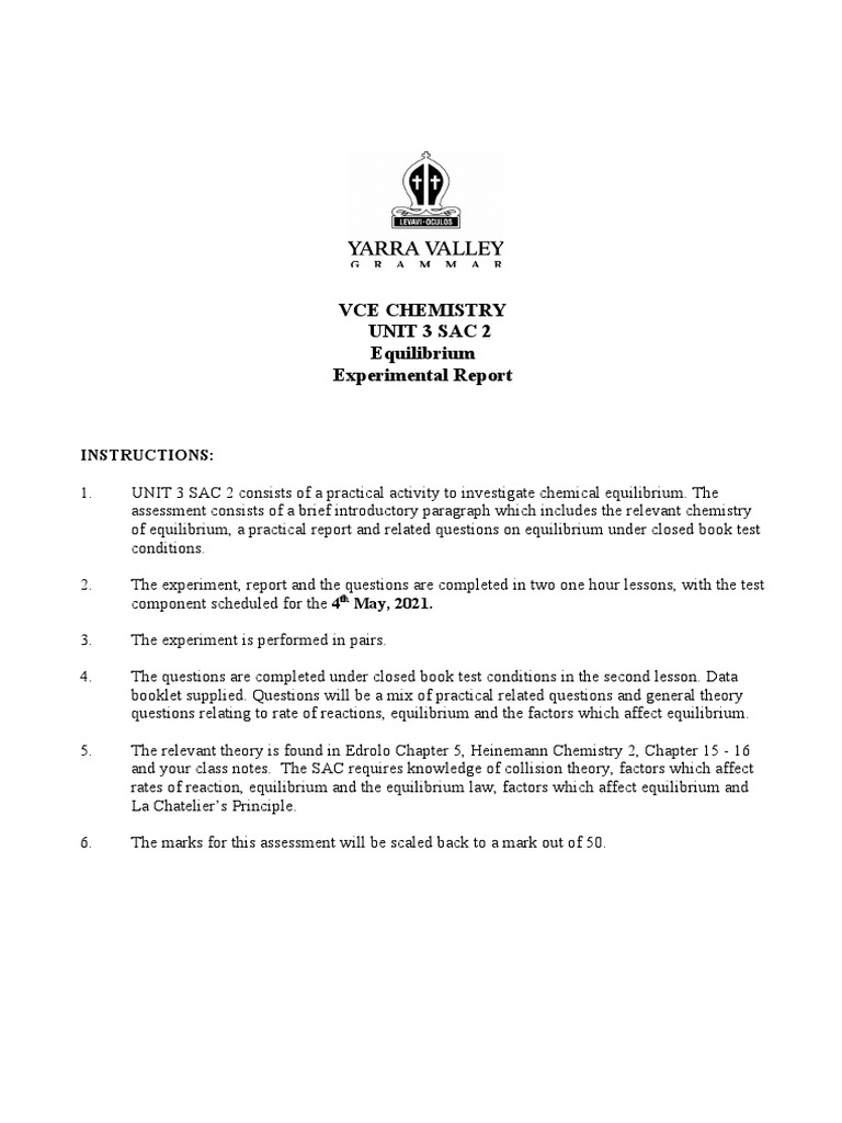 Vce Chemistry Unit 3 Sac 2 Equilibrium Experimental Report ...