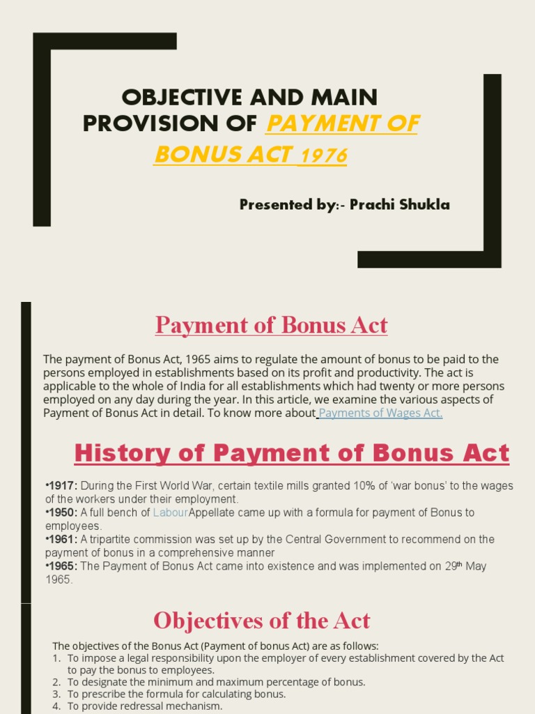 Objective and Main Provision Of: Payment of Bonus Act | PDF ...