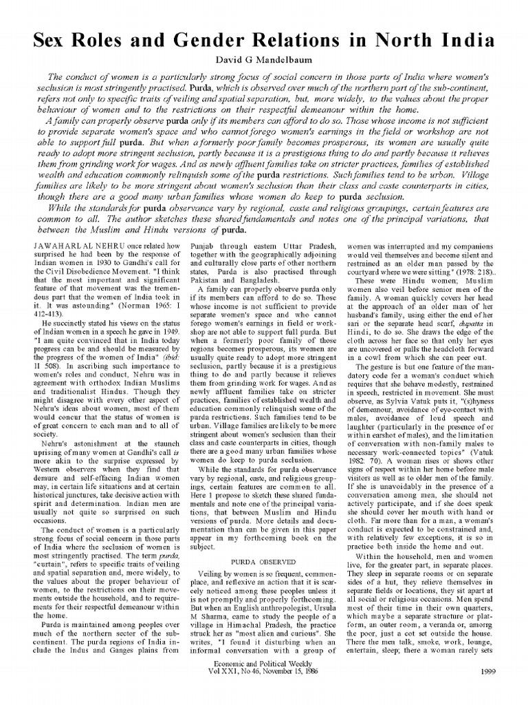 Sex Roles and Gender Relations in North India: Davidg Mandelbaum | PDF ...