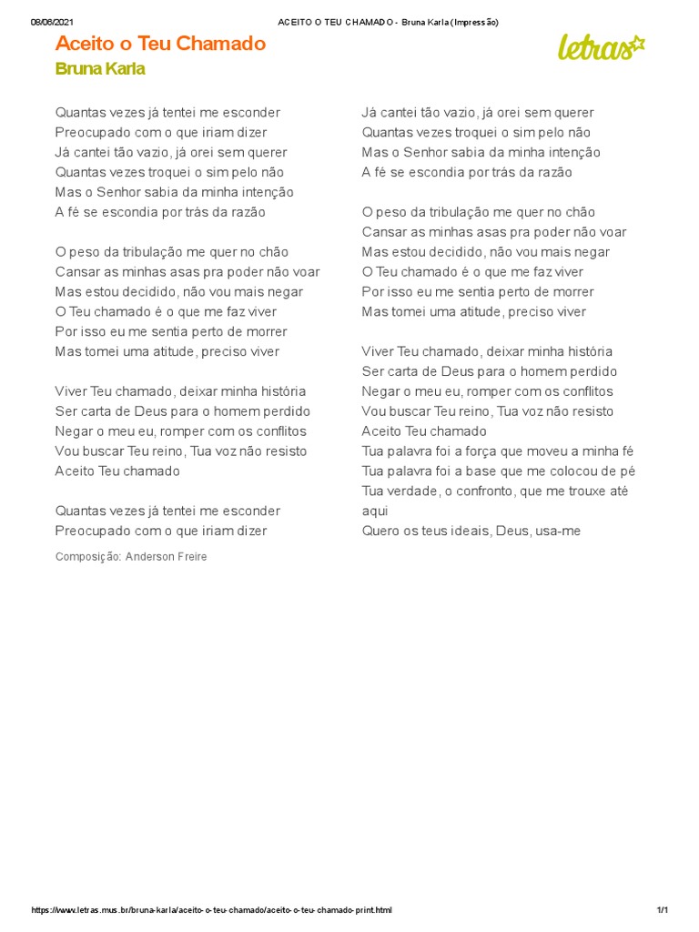 Aceito o Teu Chamado: Letra e Música de Bruna Karla sobre Responder ao Chamado de Deus | PDF ...