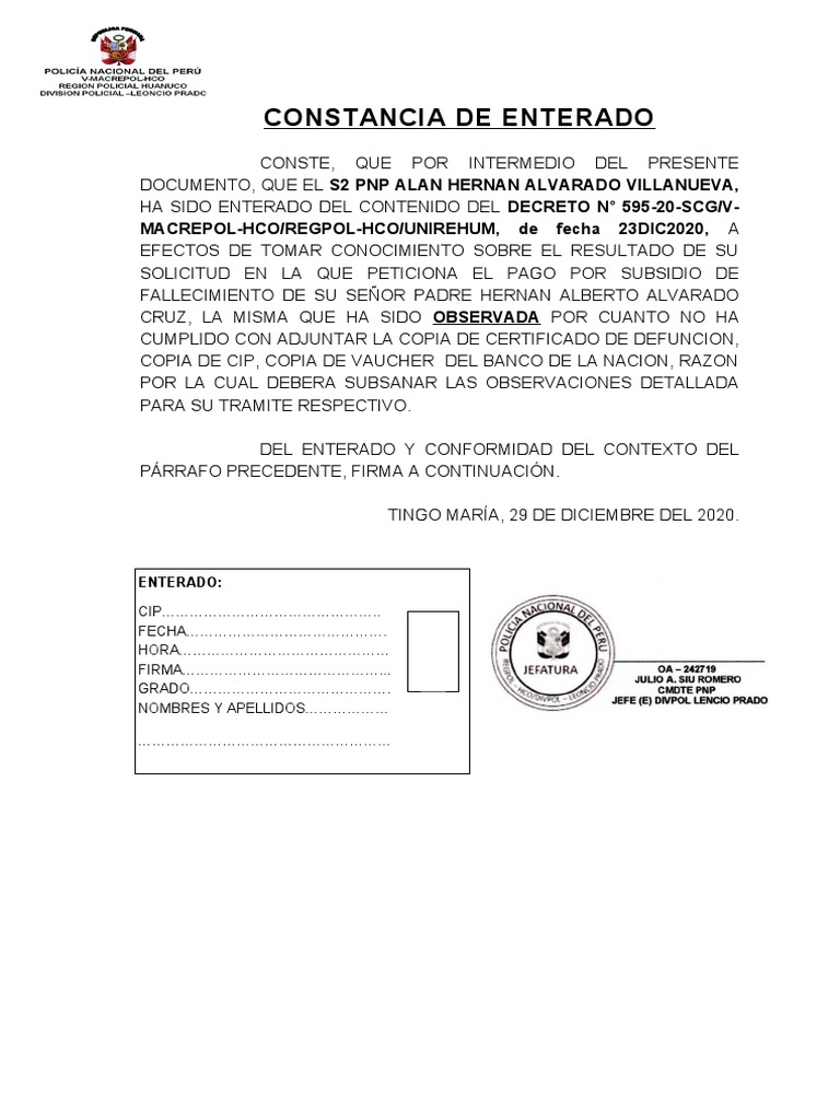 Constancia de Enterado 2020 | PDF