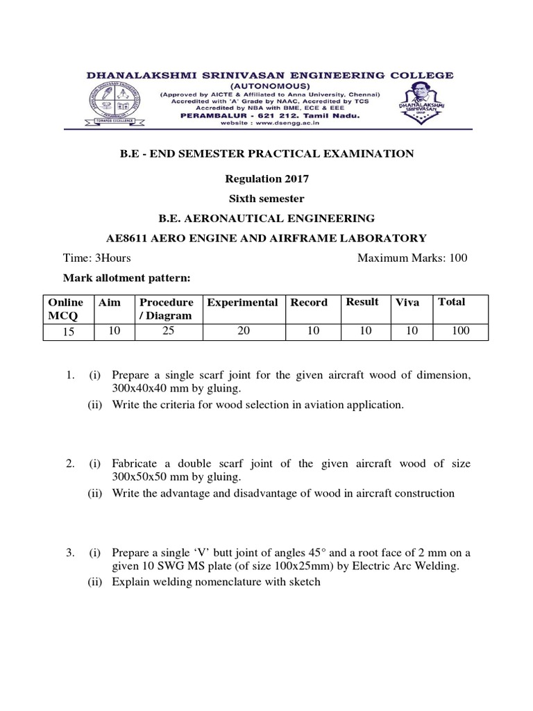 Aeronautical Engineering Lab Exam Guide | PDF | Engine Technology | Welding