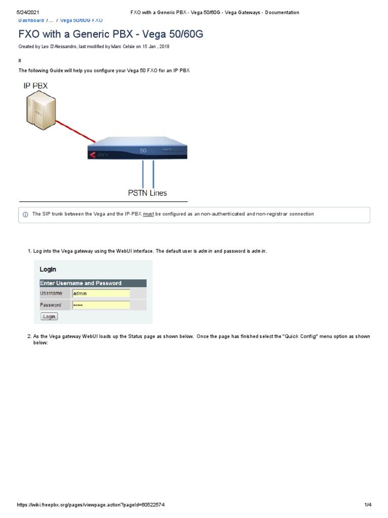 FXO With A Generic PBX - Vega 50 - 60G - Vega Gateways - Documentation ...