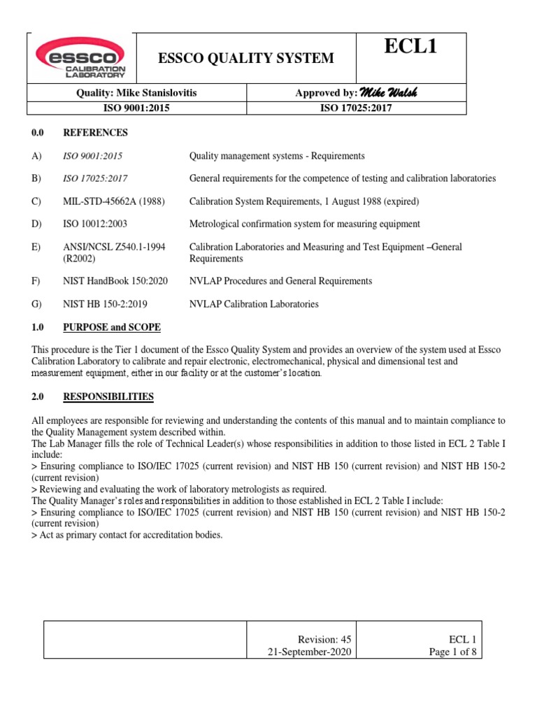 Ecl - 1 Essco Quality System | PDF | Calibration | Iso 9000