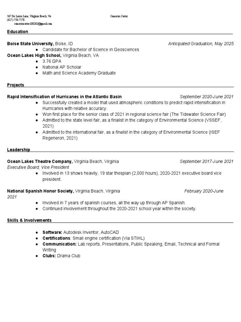 Academic Resume - Cameron Carter | PDF