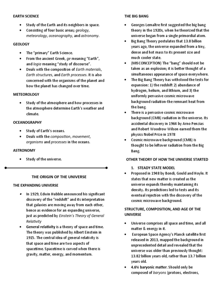 Meteorology, Oceanography, and Astronomy.: Earth Science The Big Bang | PDF