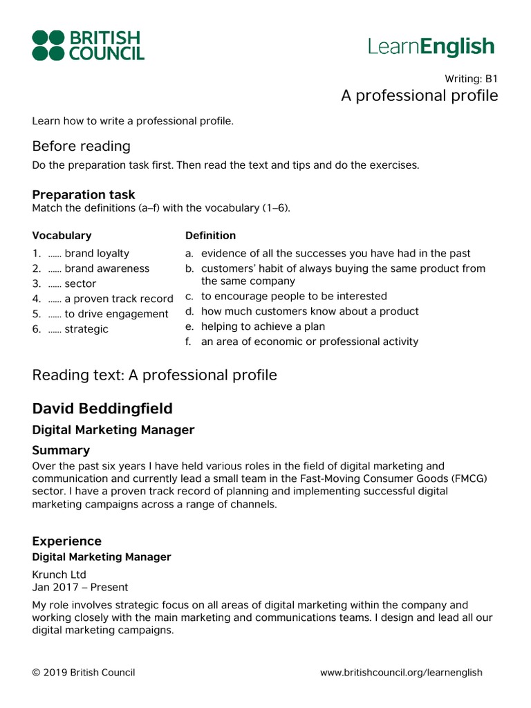 LearnEnglish Writing B1 A Professional Profile | PDF | Digital ...