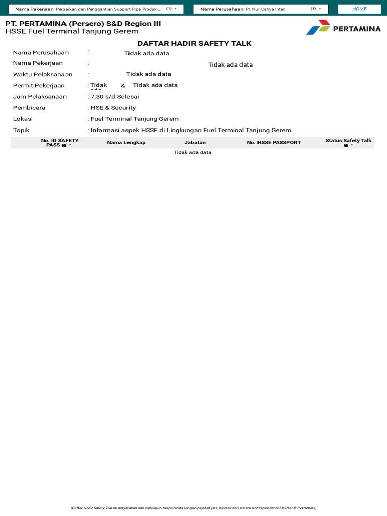 Safety Talk HSSE di Tanjung Gerem | PDF