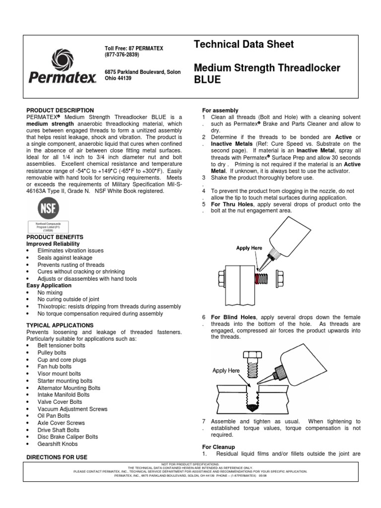 Technical Data Sheet Medium Strength Threadlocker Blue: Toll Free: 87 ...