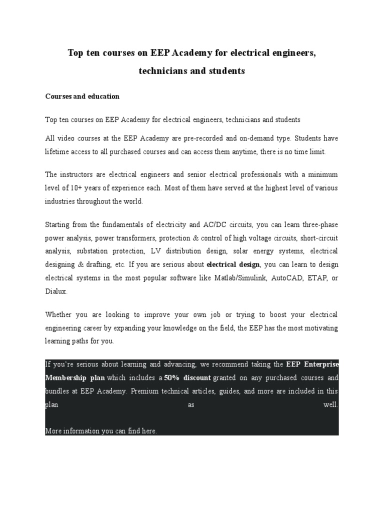 Top Ten Courses On EEP Academy For Electrical Engineers | PDF