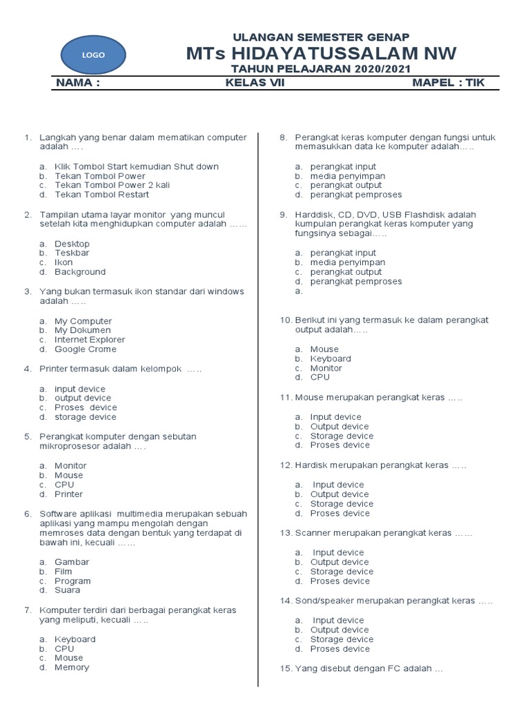 Soal TIK Kelas VII Semester Genap | PDF