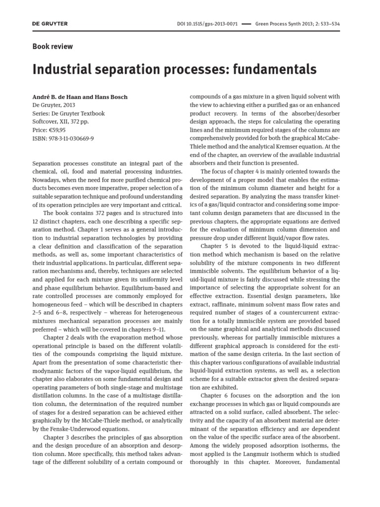 Industrial Separation Processes: Fundamentals: Book Review | PDF ...