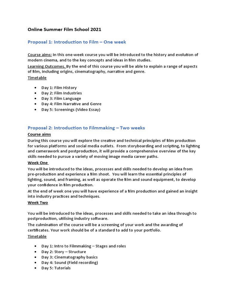 Proposal 1: Introduction To Film - One Week: Online Summer Film School ...