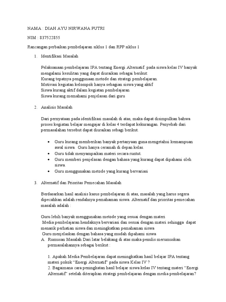 Rancangan Perbaikan Pembelajaran Siklus 1 Dan RPP Siklus 1 | PDF ...