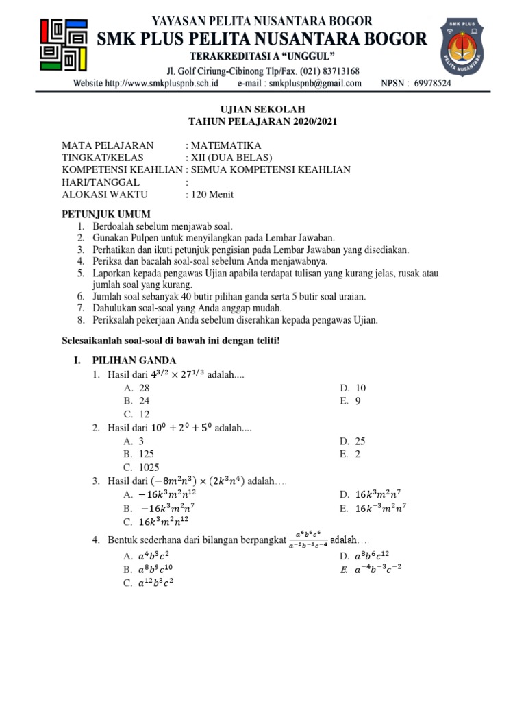 Soal Us Matematika Kelas 12 | PDF