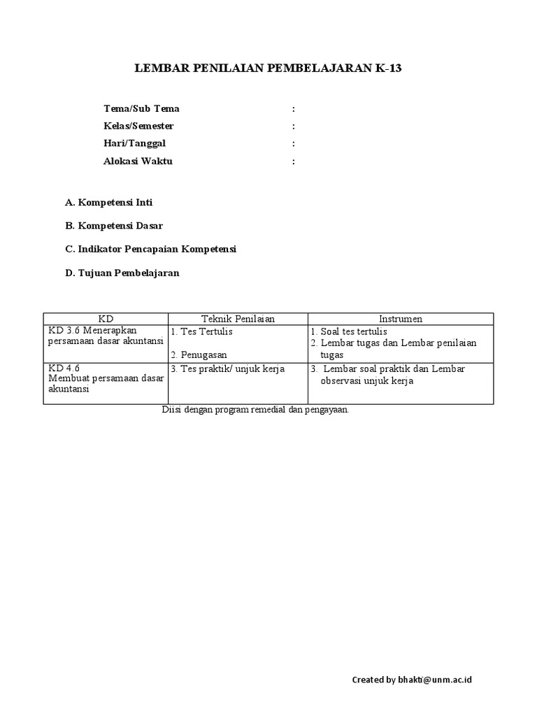 Format Penilaian K-13 | PDF