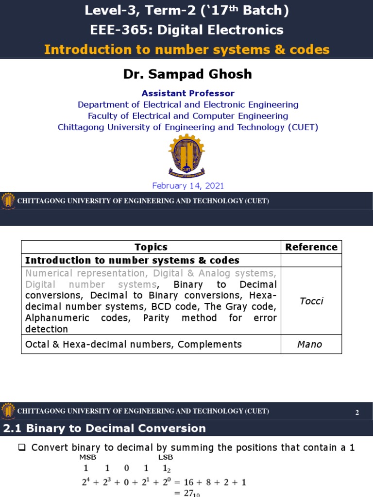Introduction To Number Systems & Codes: Dr. Sampad Ghosh | PDF | Binary Coded Decimal | Encodings