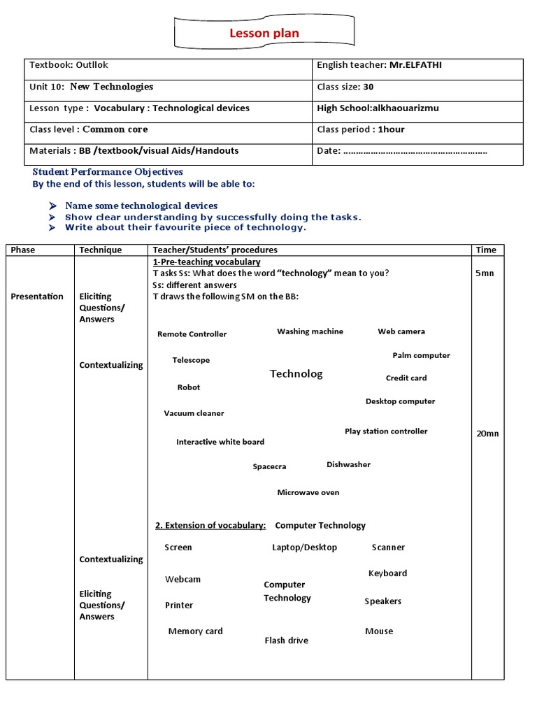 Lesson Plan C C Unit 10 NewTechnology Vocabulary | PDF | Vocabulary ...