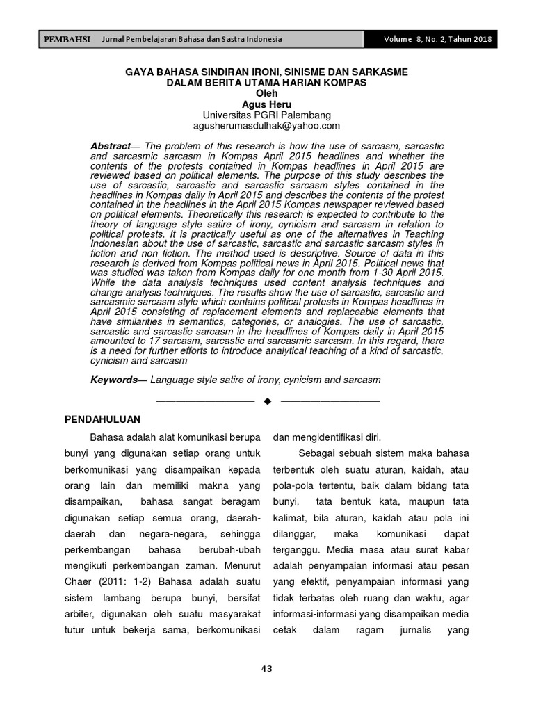 Gaya Bahasa Sindiran Ironi, Sinisme Dan Sarkasme | PDF | Indonesia | Cognition