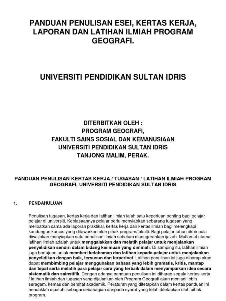 Panduan Penulisan Esei, Kertas Kerja, Laporan Untuk Pendidikan Geografi ...