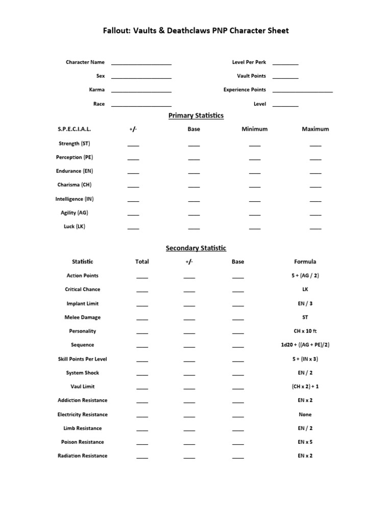 Fallout - Vaults & Deathclaws PNP Character Sheet | PDF | Military ...
