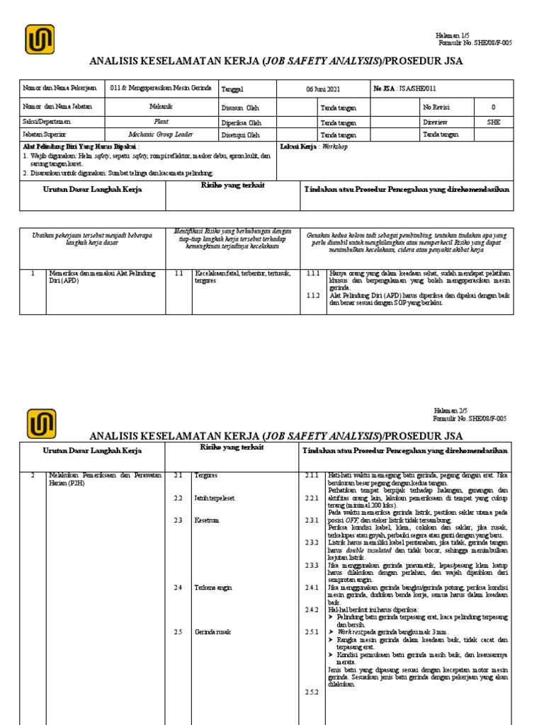 JSA Mengoperasikan Mesin Gerinda | PDF