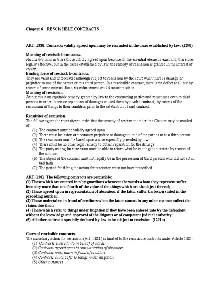 Rescissible Contracts Handout | PDF | Legal Remedy | Bankruptcy