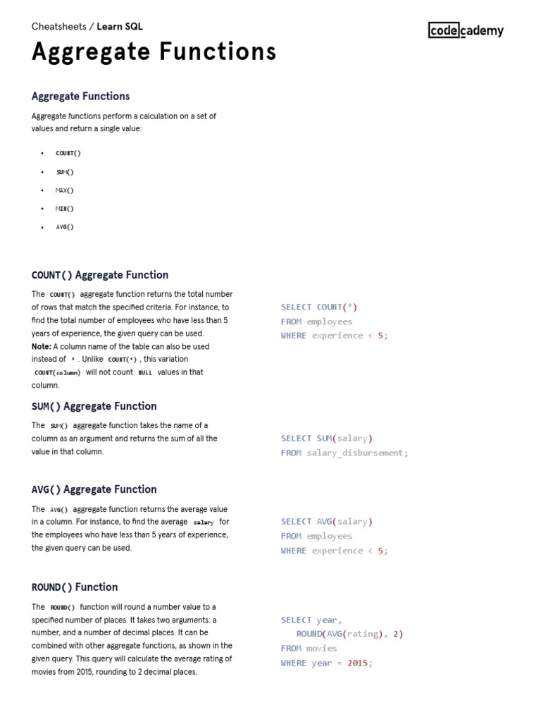 Learn SQL - Aggregate Functions Cheatsheet - Codecademy | PDF