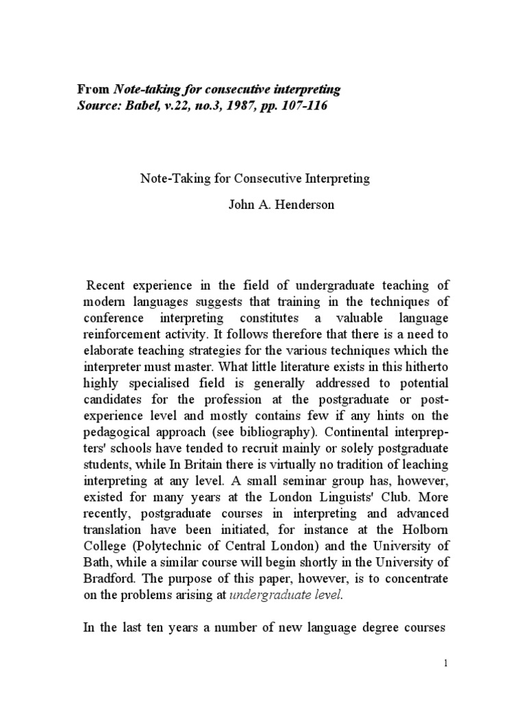 Note Taking For Consecutive Interpreting - John A Henderson | PDF