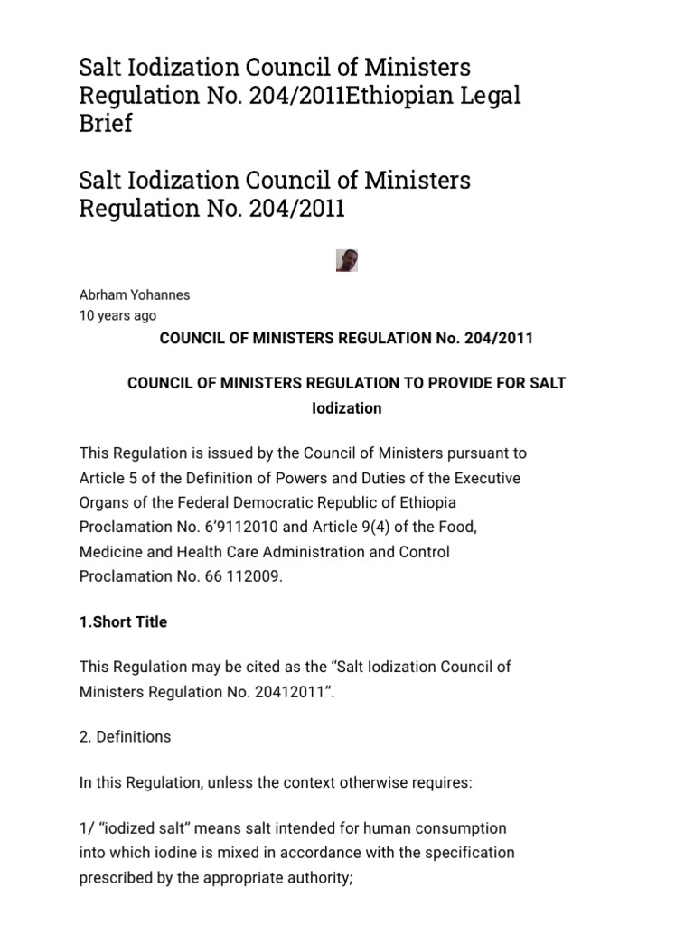Ethiopian Salt Iodization Regulation | PDF | Packaging And Labeling | Salt