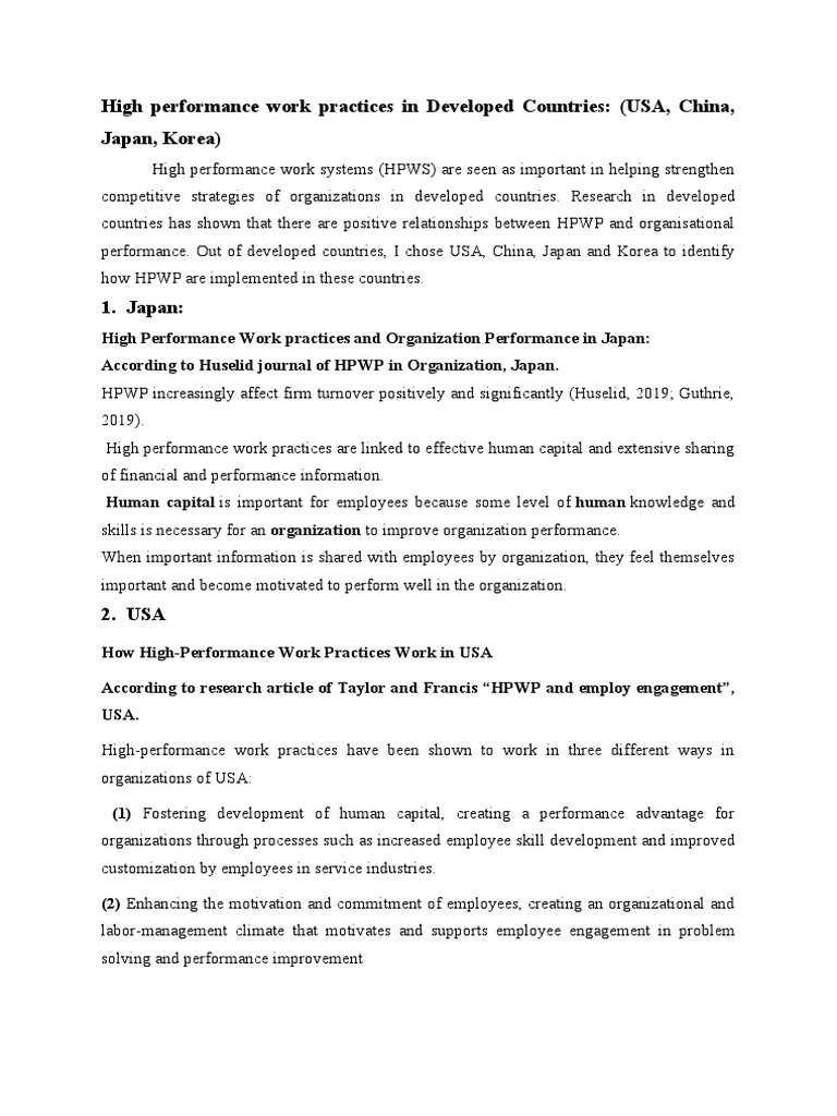 High Performance Work Practices in Developed Countries: (USA, China ...