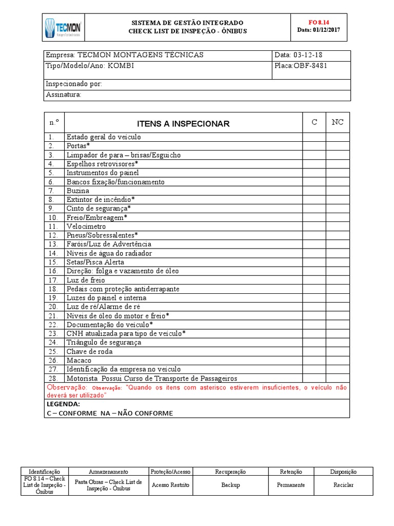 Check List de Inspeção - Ônibus | PDF